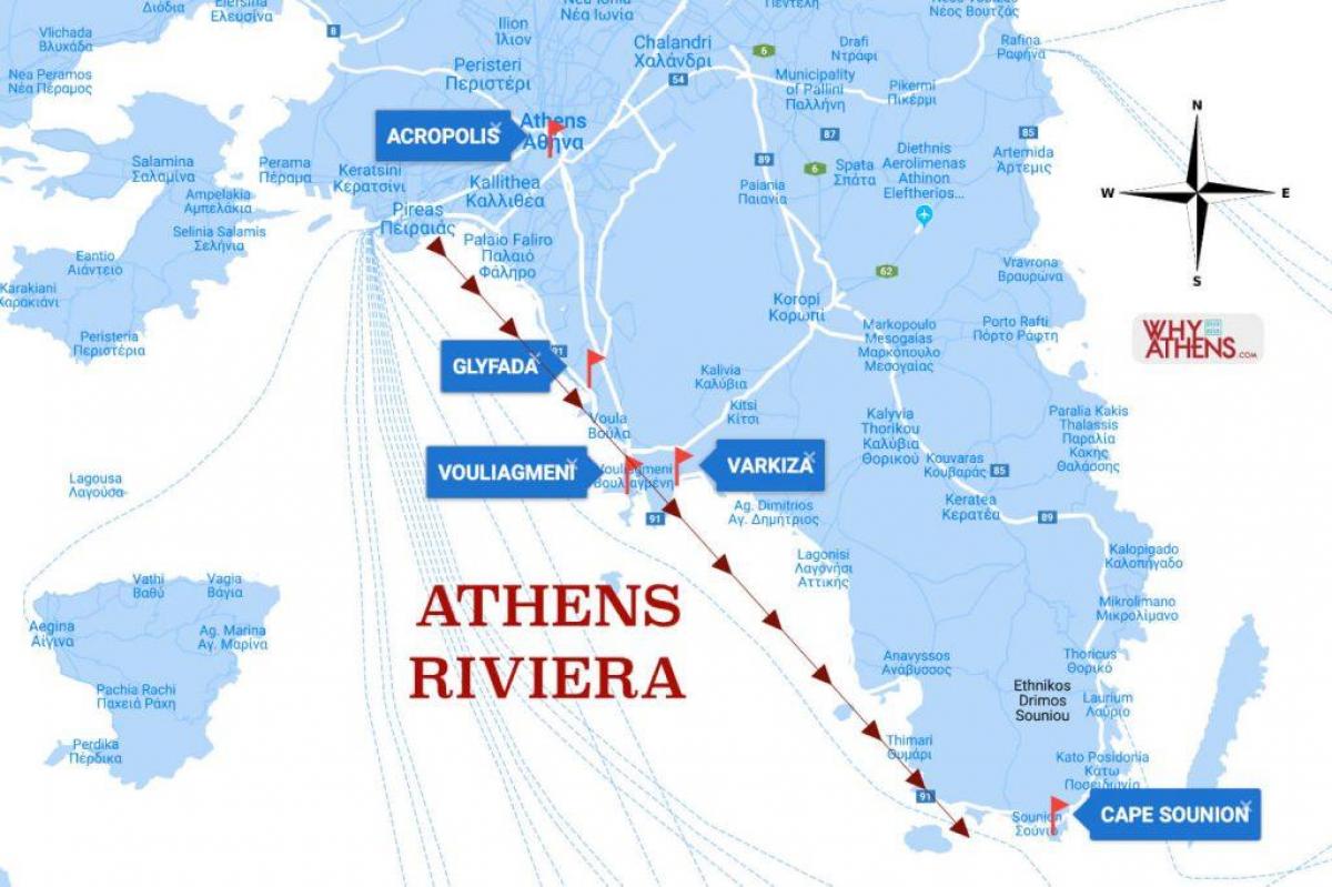 Atene riviera map - Zemljevid Atenah riviera (Grčija)